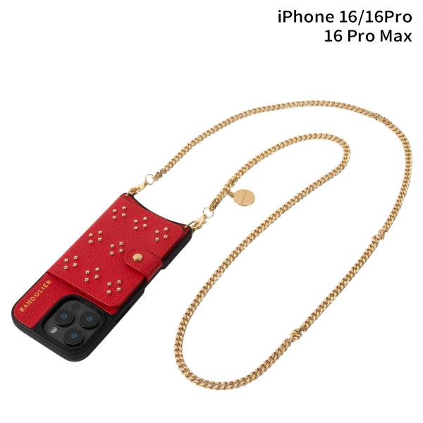 【セレブ愛用者急上昇中のiPhone専用アクセサリーブランド BANDOLIER】BANDOLIER(バンドリヤー)のiPhone 16シリーズ対応スマホケース。ケース部分をゴールドラウンドスタッズでダイヤモンド形パターンにデザインし、チェ...