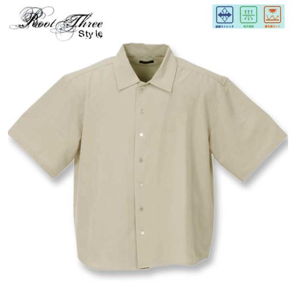 ROOT THREEの2WAYストレッチレギュラーカラー半袖シャツです。サイズ　バスト　総丈　裾周り　肩幅　袖丈　アームホール　袖口 cm3L　140　80　140　58　28　62　464L　150　82　150　60　28　64　475...