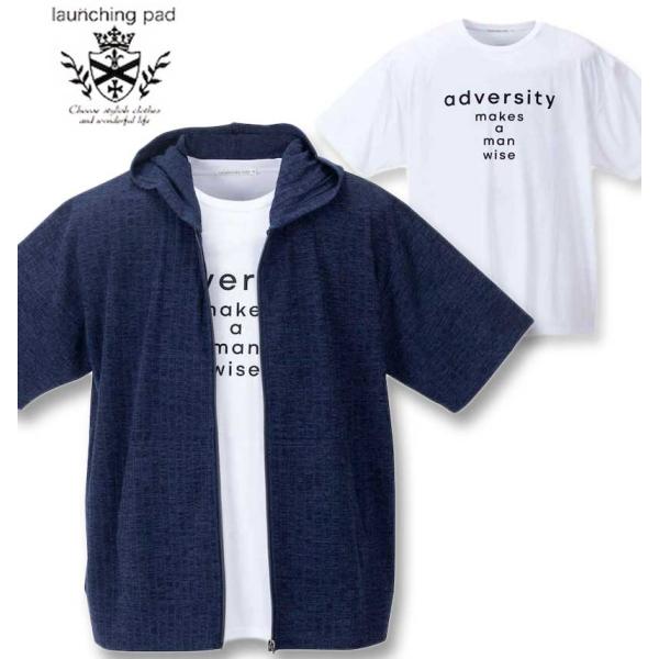 launching padの針抜きストライプ半袖フルジップパーカー+半袖Tシャツのアンサンブルです。パーカーはサラッと快適なニットのようなストレッチ素材で、フルジップ仕様とサイドポケットが機能的。アウターサイズ　バスト　総丈　裾周り　肩幅　...