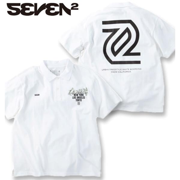 SEVEN2の天竺半袖ポロシャツです。しっかりとした天竺生地がカジュアルになりすぎず、大人の余裕を演出。バックプリントが存在感を放つ、一枚でスタイルが決まるポロシャツです。サイズ　バスト　総丈　裾周り　肩幅　袖丈　アームホール　袖口 cm3...
