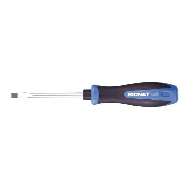 SIGNET シグネット 51484 (-)8.0X150 ソフトグリップドライバー ●刃先幅(mm)：8.0 ●刃先厚(mm)：1.10 ●軸長(mm)：150 ●全長(mm)：270 ●疲労感が少なく、握りやすいエルゴノミックハンドル。...