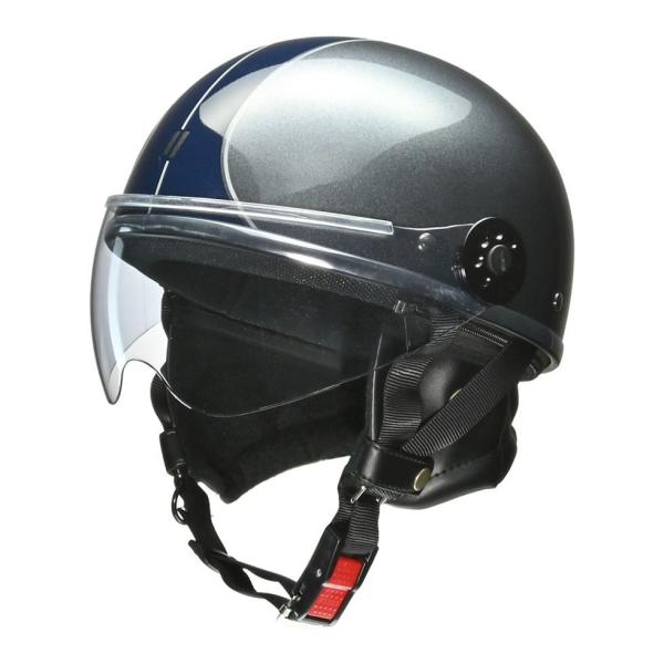 リード工業 O-ONE ハーフ ヘルメット ガンメタ/ネイビー フリーサイズ(57〜60cm未満) 半ヘル 半キャップ シールド付き UVカット イヤーカバー バイク用 LEAD