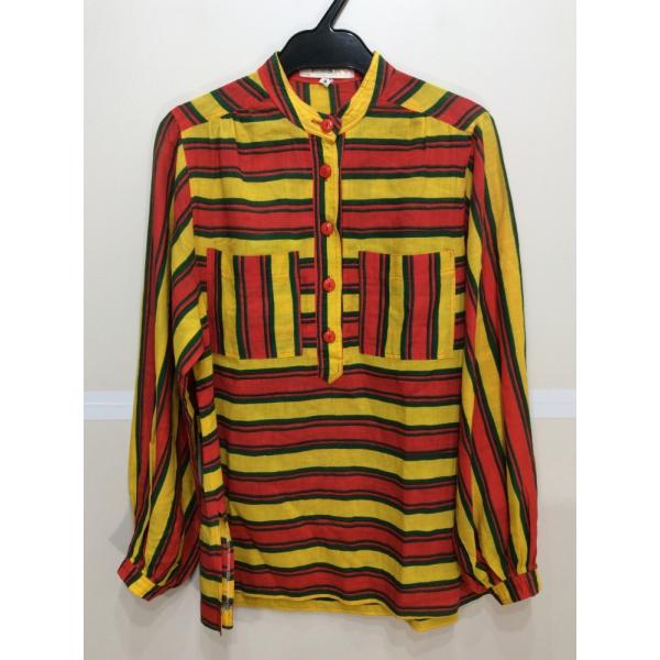 ブラウス 赤×黄×緑ストライプ&amp;ボーダー柄