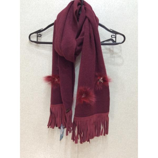 えんじマフラー ファー飾り ウール、アンゴラなど 幅30長さフリンジ抜きで149cmほど