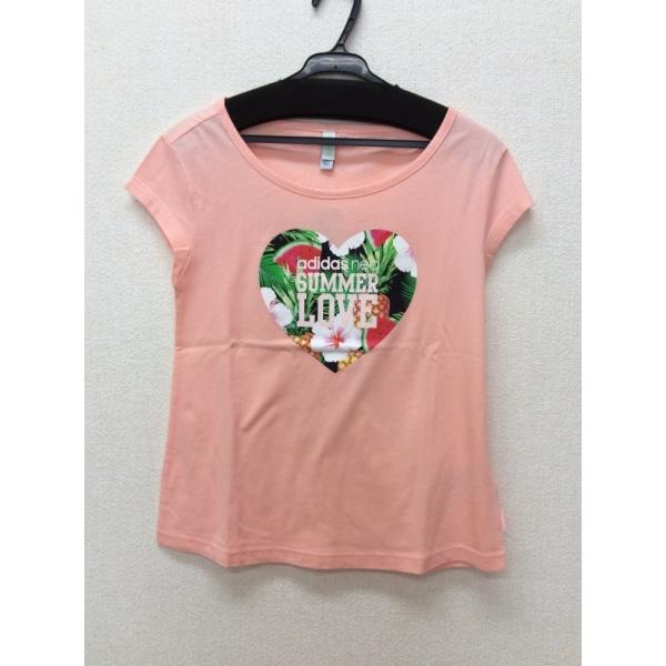 アディダス サーモンピンク ハート夏柄プリント フレンチスリーブTシャツ サイズS