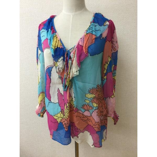 カラフルプリント 楊柳ブラウス シルク100%