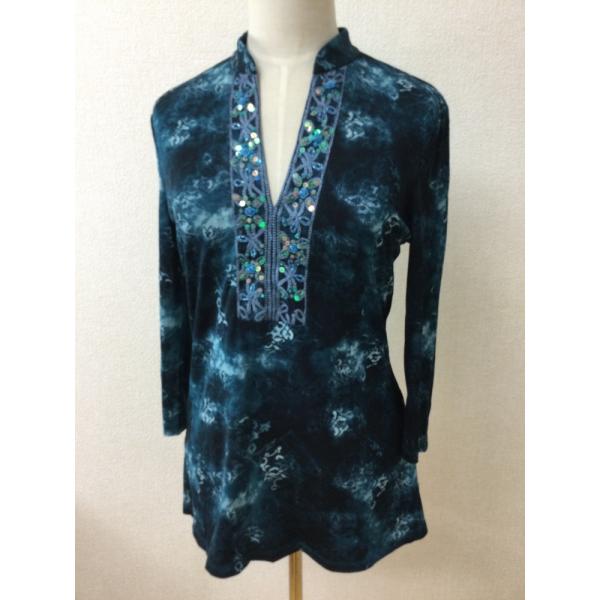 青緑系プリント柄 メッシュトップス