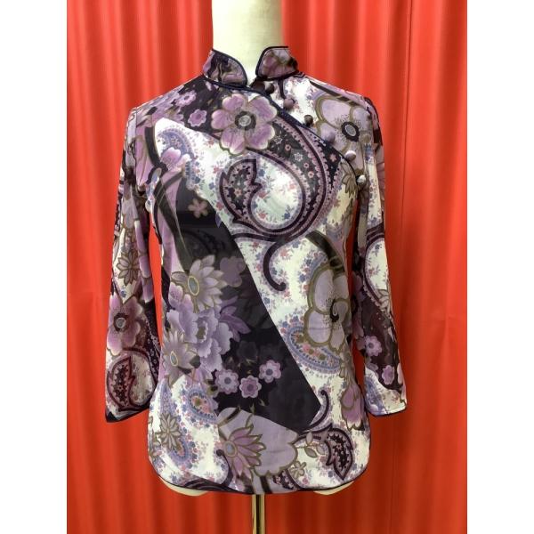 パープル花柄 メッシュトップス