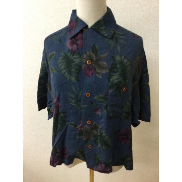 ダークなブルーの変形シャツ ボタニカル柄 レーヨン100%