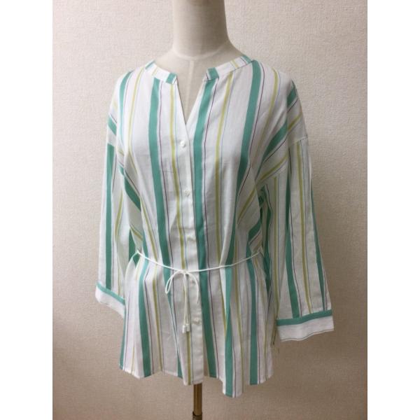 タグ付き未使用 白やグリーンのストライプ ロング丈シャツ
