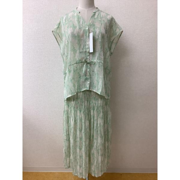 タグ付き未使用 ミント色とベージュ柄 ブラウスとスカートセット スカートウエストゴム