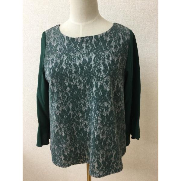 タグ付き未使用 レース柄ニット生地とブラウス生地組み合わせトップス グリーン