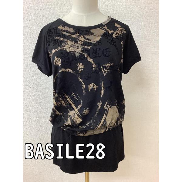 ブラウジングカットソー 黒にベージュなどプリント サイズ42