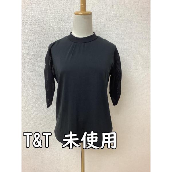 T&amp;T タグ付き未使用 黒カットソー ネック部分と袖メッシュ サイズF