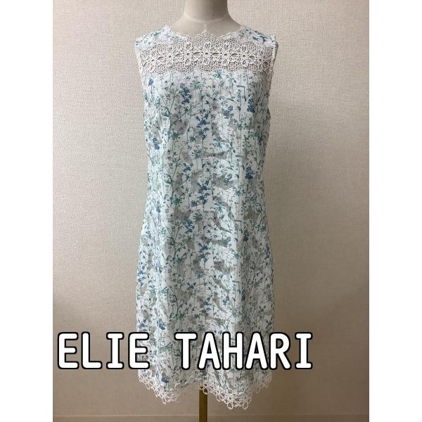 白にブルー系プリント 透かし模様生地のワンピース サイズUS10