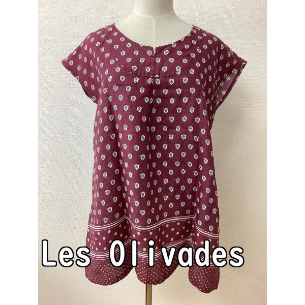 くすみえんじ色×ベージュ柄 麻トップス