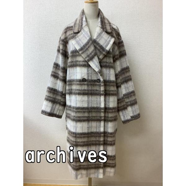 ベージュ系チェック 起毛素材コート ウールライク サイズM