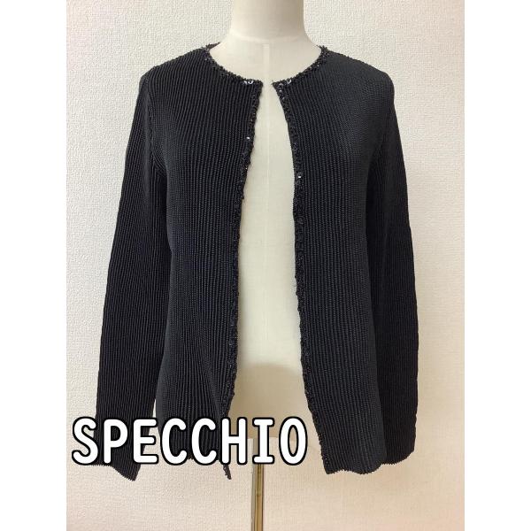 プリーツ生地カーディガン 黒 ビーズとスパンコール飾り サイズ40