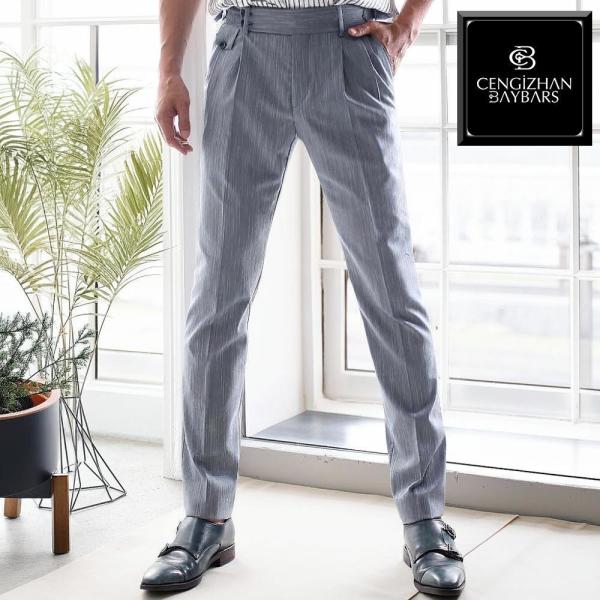 【CENGIZHAN BAYBARS】※共生地のセットアップブレザーは別売りです。うっすらとしたかすれストライプ。ツータックのスキニースラックスです。ビジネスモードのジャケパンスタイルに、休日のお出かけにも使いやすいデザインだと思います。共...