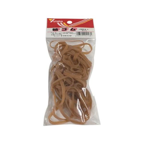 実験室設備 工具類 工具、道具●伸びがよく扱い易いです。●結束の定番品です。●小物の束ね、結束に。■仕様●色：アメ色●切幅（mm）：4.5●折径（mm）：60●包装形態：袋入り●袋入数（本）：50●材質／仕上：天然ゴム●原産国：日本●コード...