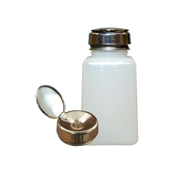 実験室設備 工具類 工具、道具●液体ディスペンサー●ワンタッチタイプ●綿やウエス等に溶液を染み込ませて使用する作業に最適●ステンレス製●容器材質：高密度ポリエチレン●容量：6oz 177cc●色：白