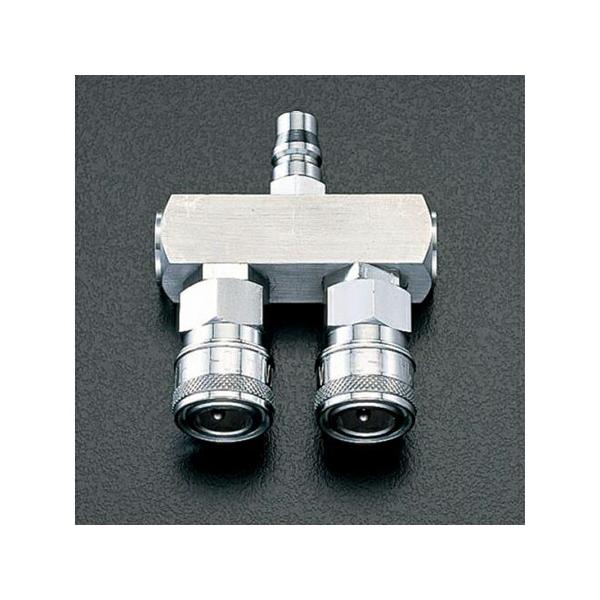 実験室設備 工具類 工具、道具●型…20型●使用圧力…1.0MPa●材質…鋼鉄(クロムメッキ)・アルミニウム●1本の空気配管から同時に2本の空気を分岐することができます。●コード品番：EA140DK-2B