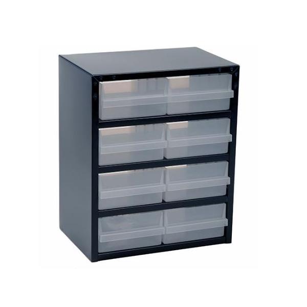 実験室設備 工具類 工具、道具●別売の仕切板で4つに仕切れます。●サイズ：360×250×440（H）mm●引き出し：159×239×92（H）mm●材質：外側：スチール、引き出し：樹脂●重量：6.0kg●2列4段●半透明の引出しで中身の確...