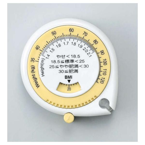 ●材質：本体／ABS樹脂、テープ／グラスファイバー（塩化ビニル被覆）●おへそまわりで測定し、男性85*cm*・女性90*cm*から赤く色分け（要注意）しています。●表側に付いているBMIスケールを使えば、BMI値（肥満度）が判ります。