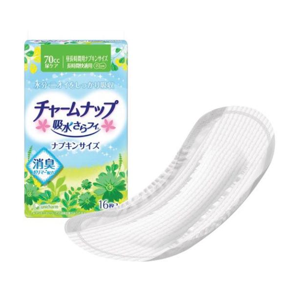 商品の仕様●サイズ／幅9×長さ23cm●吸水量目安／70cc●袋入数／16枚商品の説明・瞬間吸収でお肌サラサラ、チャームナップ吸水さらフィ。※予告なく品番・入数が変更する場合がございますのでご了承ください。SDCケアスマイル介護カタログ 掲...