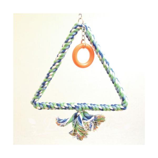 コットンロープで出来た三角形の可愛いブランコです。しっかり編まれたカラフルなロープは鳥さんが握りやすい質感。枝に止まっているかのように、滑らかで自然な揺れ方も特徴です。ブランコ遊びを楽しむもよし、ユラユラお昼寝するもよし...。○サイズ：一...