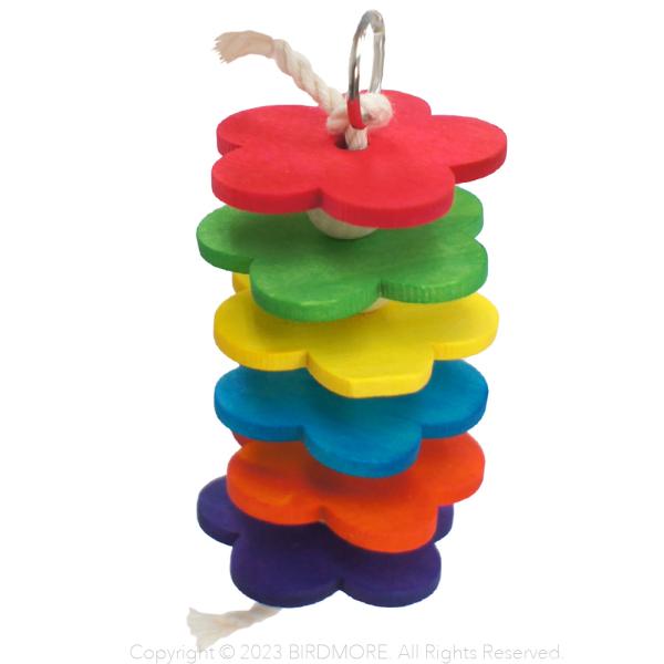 【発売日：2023年08月16日】厚さ約3mmのカラフルな木のお花が連なったおもちゃです。薄くかじりやすい形状なので小さな鳥さんでも楽しく破壊できます。メーカー/BIRDMORE(バードモア)素材/木製ビーズ・コットンロープ・ステンレス金具...