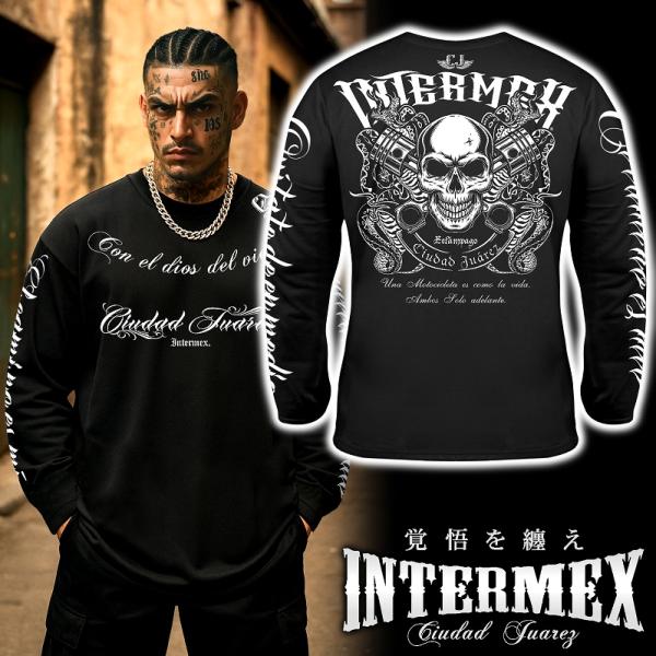 送料無料 ポイント10倍 ITM-091 長袖 Tシャツ ロンT 服 ピストンスカル柄 エンジン  ドクロ ガイコツ 黒 白 HIPHOP系 バイカー ライダース ローライダー ギャング マフィア バイク乗り B系 チカーノ ロック パンク...