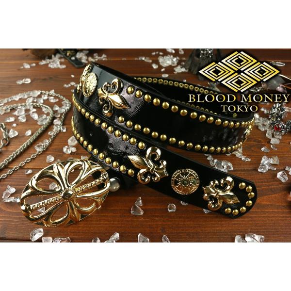 送料無料 ポイント10倍 ユリモチーフ コンチョ スタッズ ベルト ブラック ゴールド ツヤあり黒 メンズ ファッション 小物 アイテム ヤクザ 昭和　平成　ヤンキー オラオラ系 お兄系 ホスト アメカジ 派手 オラオラ 悪羅悪羅 やくざ ...