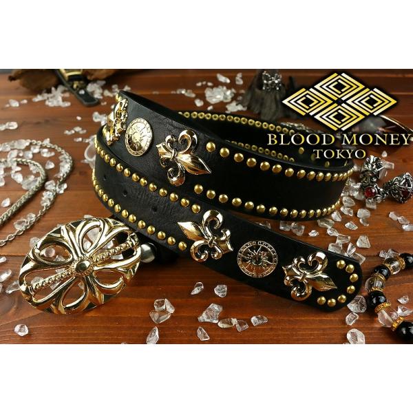 送料無料 ポイント10倍 ユリモチーフ コンチョ スタッズ ベルト ブラック ゴールド ツヤなし黒 メンズ ファッション 小物 アイテム ヤクザ 昭和　平成　ヤンキー オラオラ系 お兄系 ホスト アメカジ 派手 オラオラ 悪羅悪羅 やくざ ...