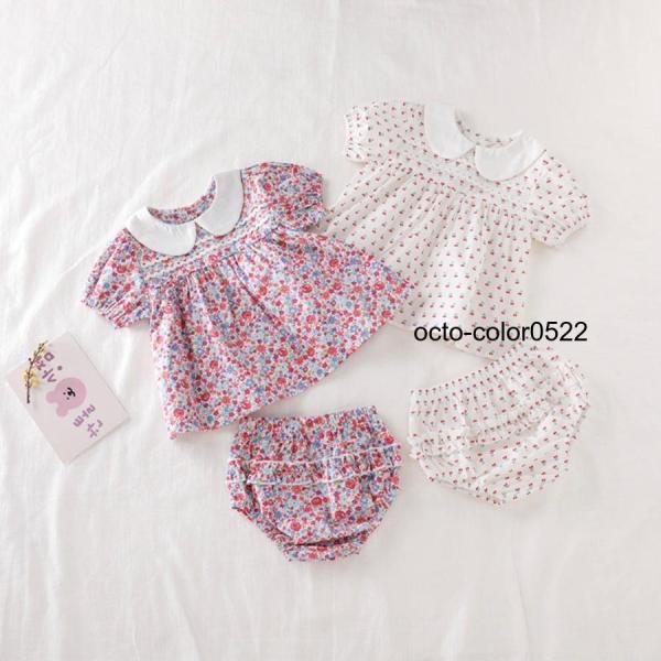 花柄がかわいいベビーのワンピースとパンツ（オムツカバー）の2点セットです。セットアップなのでトータルコーディネートが完成！白い丸襟が上品なのでハーフバースデーなどのイベント時にもオススメです。海外子供服・韓国子供服（海外ベビー服・韓国ベビー...