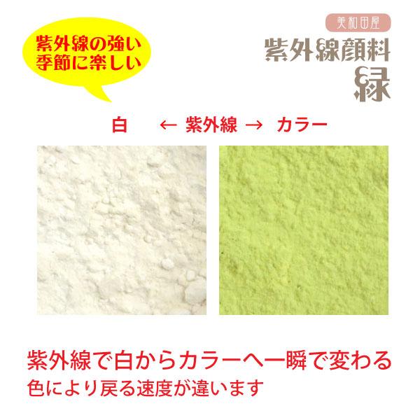 紫外線顔料　緑　（レジン着色顔料）紫外線に反応し色が変わるレジン着色顔料です室内では白っぽい色で室外では色が発色します白からカラーへは一瞬です。カラーから白へは1〜3分程度、色により戻る速度が違います。紫外線で色が濃くなるため、レジンに入れ...