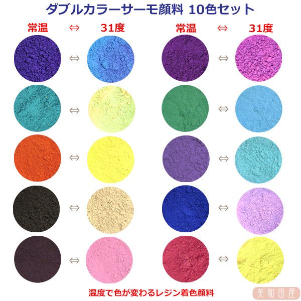 ダブルカラーサーモ顔料　10色セット　（温度で色が変わるレジン着色顔料）【カラー】◇黒−ベージュ◇黒−ピンク◇紫−緑◇紫−青◇紫−ピンク◇緑−黄色◇緑−水色◇青−ピンク◇薄赤−黄色◇オレンジ−黄色パウダー状の微粒子顔料変温度は31度手のひら...