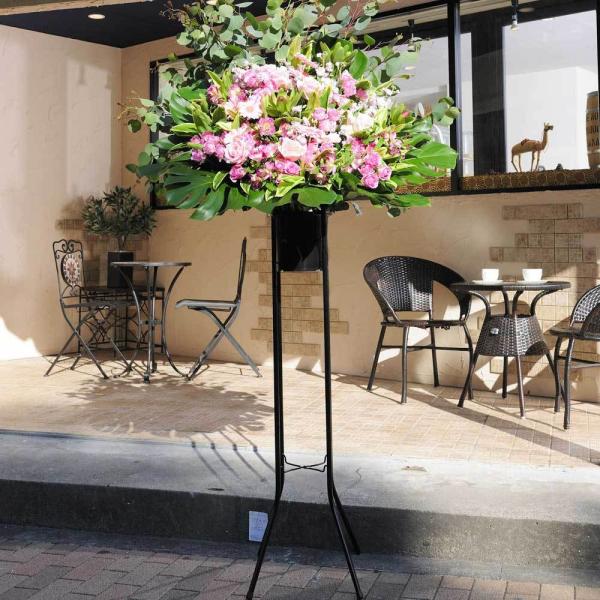 一般的なスタンド花ではあまり使用する事がない、ひと味違った稀少花材で仕立てる一段式のスタンド花です。甘く可愛らしい雰囲気のピンク色の稀少花材で、ファンシーで見栄えの良いスタンド花、お祝い花をお仕立ていたします。開店祝い、開業祝い、公演祝いな...