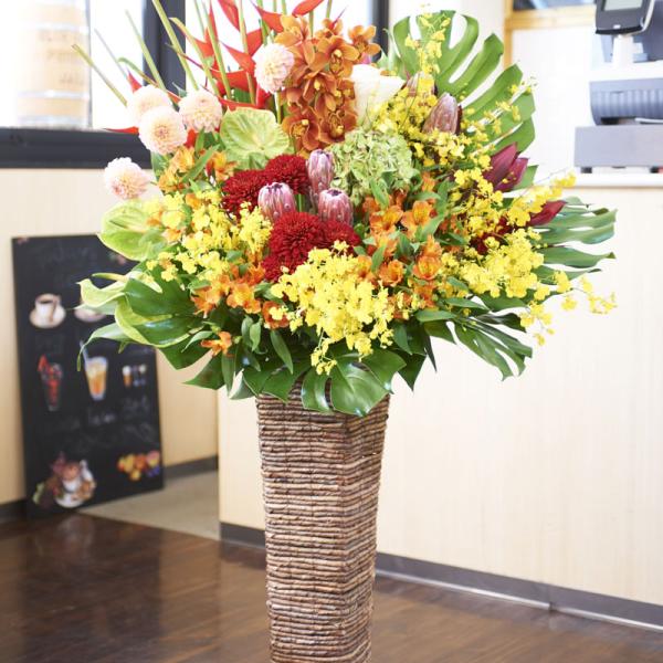 一般的なスタンド花とはひと味違った稀少花材で仕立てるスクエアスタンド式のスタンド花です。明るくポップな色彩の様々なカラーの稀少花材を利用、オーソドックスな4本脚のスタンドではなくバナナリーフを編んで作ったスクエアタイプの脚に、カラフルで見栄...