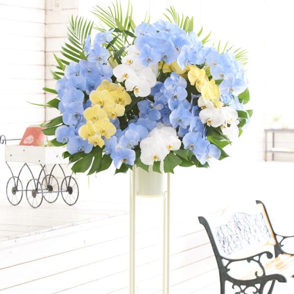 満開のお花を特殊塗料で装飾したSPギフトの人気商品「カラー胡蝶蘭彩（irodori）」の大輪胡蝶蘭と、大ぶりで爽やかな印象のグリーンを組み合わせた一段のスタンド花です。スタンド花には使用することが少ない胡蝶蘭もは「幸福が飛んでくる」という花...
