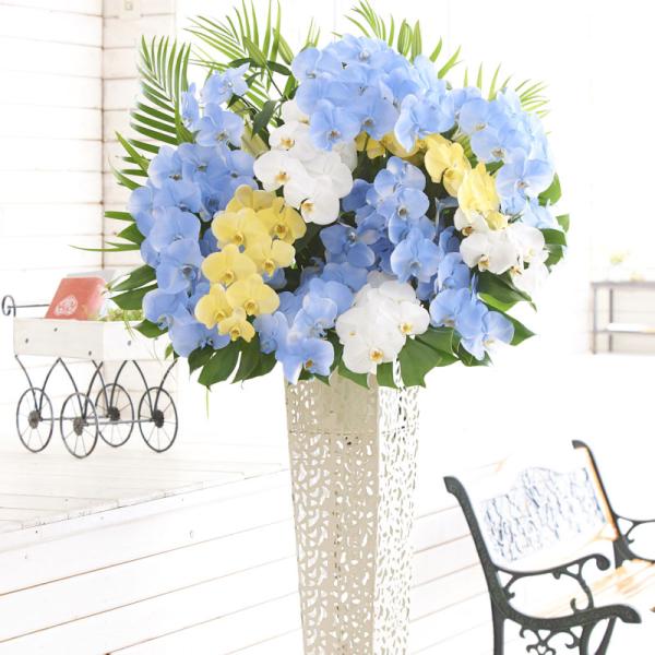 満開のお花を特殊塗料で装飾したSPギフトの人気商品「カラー胡蝶蘭彩（irodori）」の大輪胡蝶蘭と、大ぶりで爽やかな印象のグリーンを組み合わせ、お洒落なブリキ型の花器に仕立てたアートスタンド花です。スタンド花には使用することが少ない胡蝶蘭...