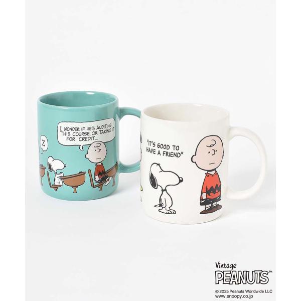 スヌーピーと仲間たちのコミックシーンが描かれたマグカップ。ユーモラスな表情と色使いが可愛らしく、使うたびにほっと癒されます。容量約390mlとたっぷり入るサイズで、コーヒーやスープなどにもぴったり。パッケージにもスヌーピーたちが描かれており...