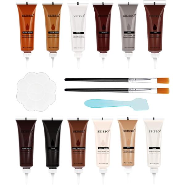 豊富な12色補修クリームホワイト、アイボリー、ナチュラル、ウッドホワイト、オーク、アンバー、ローズウッド、チーク、紫檀、グレー、ブラックウォールナット、ブラックと木製家具の色に合わせる12色補修クリームセット。家具や床の色に合わせて使い分け...