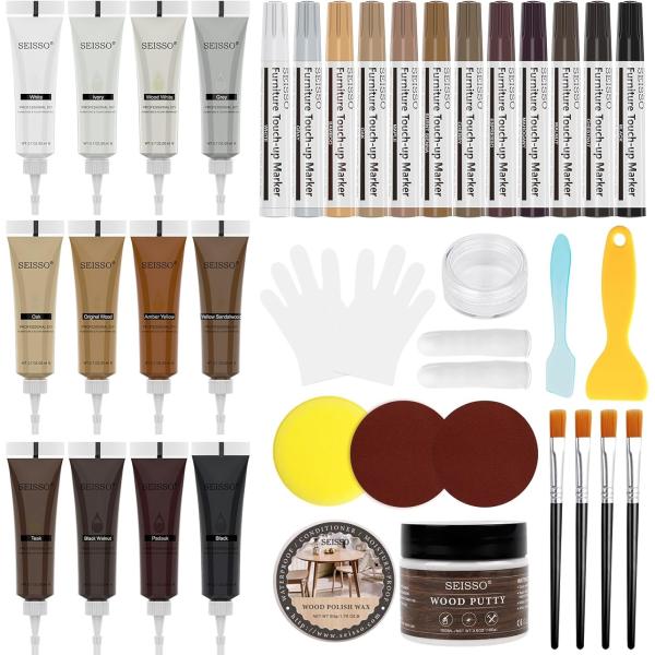 【ユニーク12色】12色補修クリーム：ホワイト、アイボリー、ウッドホワイト、グレー、オーク、オリジナル、アンバーイエロー、イエローサンダルウッド、パダウ、チーク、ブラック、ブラックウォールナット　12色補修マーカー：ブラック、グレー、ホワイ...