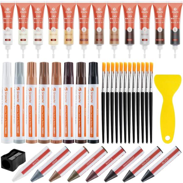 【商品詳細】12色木製品補修クリーム：ホワイト、アイボリー、ウッドホワイト、オーク、オリジナル、アンバーイエロー、イエローサンダルウッド、チーク、紫檀 、グレー、ブラックウォールナット、ブラック。8色木製品補修ペン/クレヨン：ブラック、ホワ...
