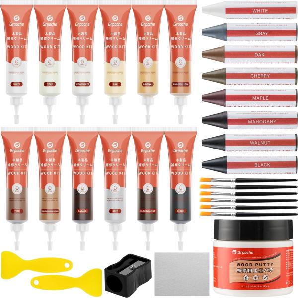 【商品詳細】木製補修クリーム、 木製品補修クレヨン、木工パテ、鉛筆削り付き、ヘラ*2付き、サンドペーパー付き、ブラシ*6付き、日本語取扱説明書。12色木製補修クリーム:ホワイト 、アイボリー 、ウードホワイト 、オーク 、アンバーイエロー ...