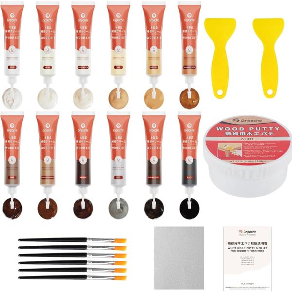 【商品詳細】12色:ホワイト 、アイボリー 、ウードホワイト 、オーク 、アンバーイエロー 、イエローサンダルウッド 、紫檀 、ブランク 、ブランクウォールナット 、オリジナル 、チーク 、グレー。12色木製補修クリーム（20g）、ホワイト...