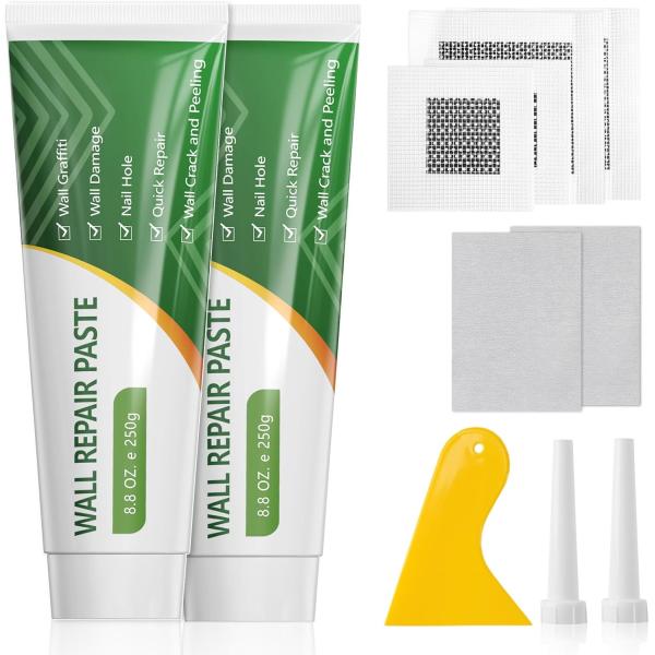 【商品詳細】壁補修剤（250g*2）、壁補修パッチ*4枚（サイズ：10cm*10cm*2、5cm*5cm*2)、サンドペーパー*2、尖った口*2、ヘラ*1、日本語説明書付きます。【コストパフォーマンスが高い】白い壁の穴、亀裂、釘穴、壁のはが...