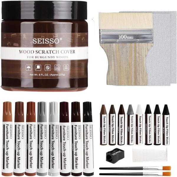 【パッケージ内容】水性木器ペンキ赤茶色200g+8色補修ペン+8色クレヨン+鉛筆削り*1+ウールブラシ*1+2枚サンドペーパー+2本絵筆+2枚使い捨て手袋。【補修方法】木製品の表面を補修するのに役立ちます。まずクレヨンで穴を埋め、補修ペンで...