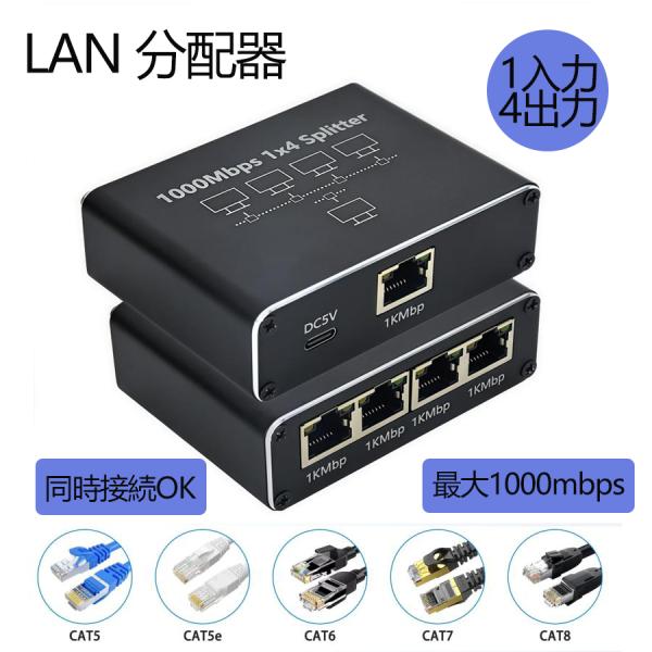 【100mまで安定通信】Cat8／Cat7／Cat6／Cat5のあらゆるLANケーブルに対応し、100mまで長距離接続でも通信が安定。オフィスや家庭の広い空間でも途切れないネット環境を実現します。【1入4出・複数デバイスを同時接続】1つのL...
